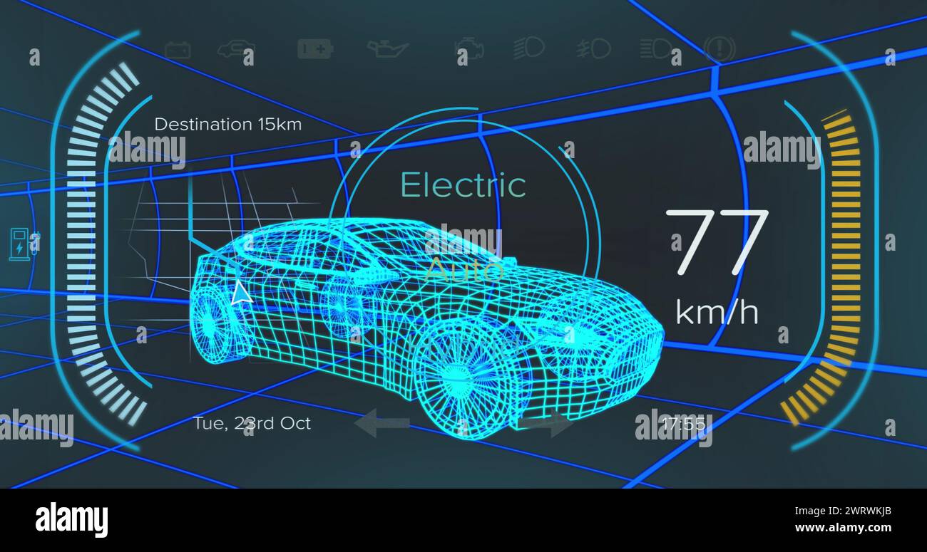Image of car interface over digital car model on black background ...