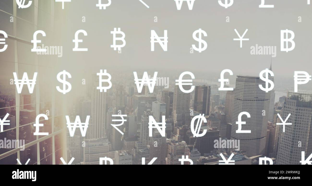 Image of currency symbols over city Stock Photo - Alamy