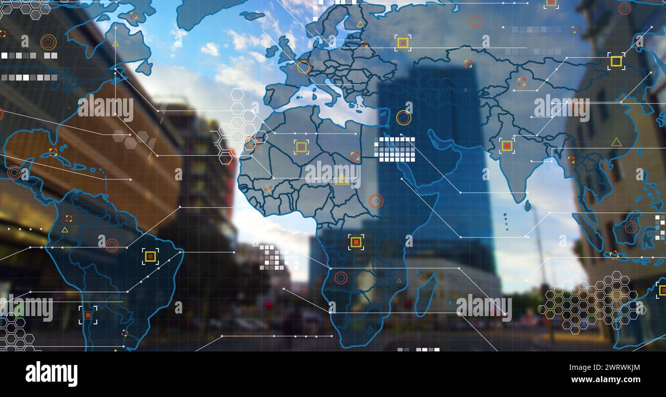 Data processing over world map against tall buildings in background ...