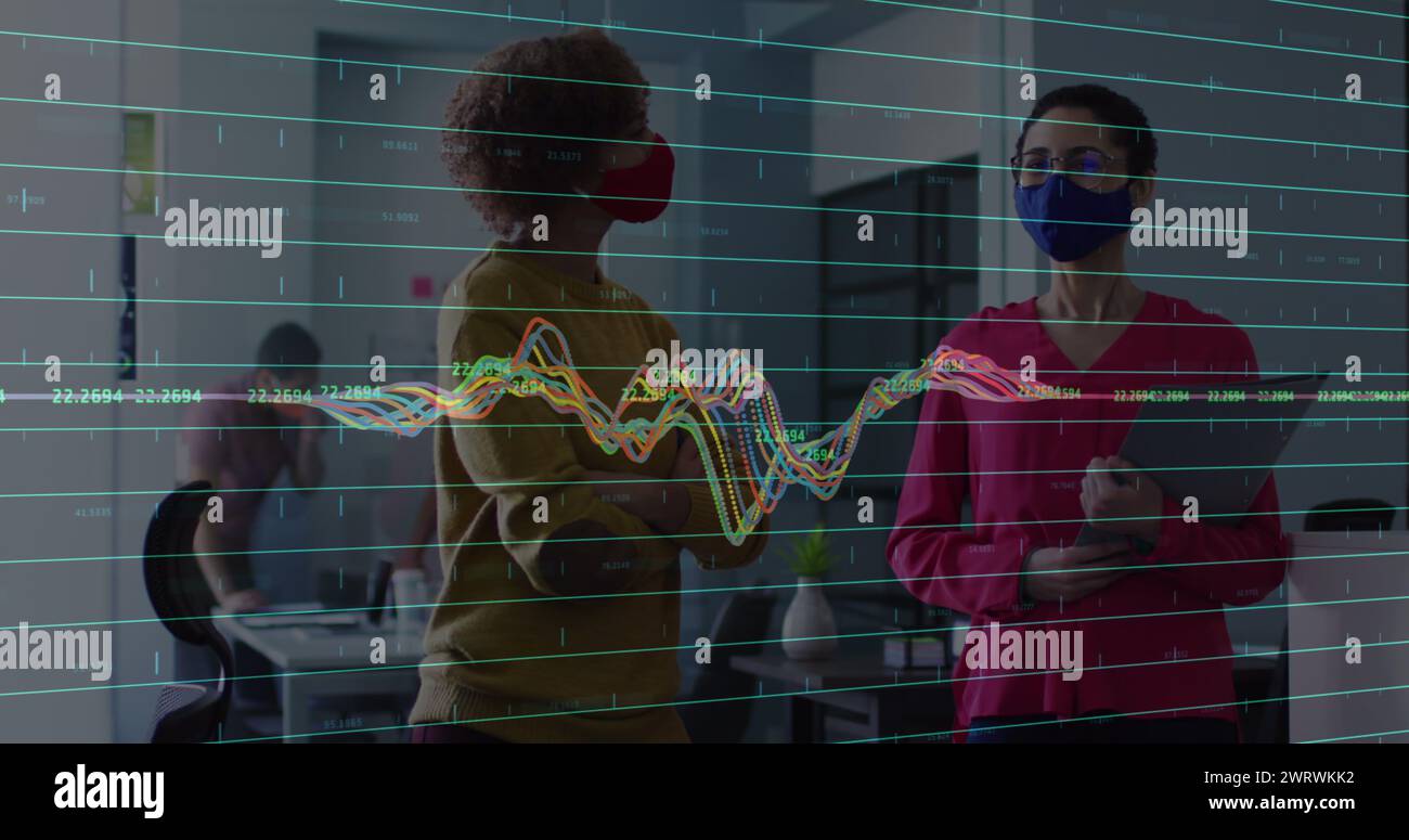 Image of data processing over diverse business people talking Stock ...