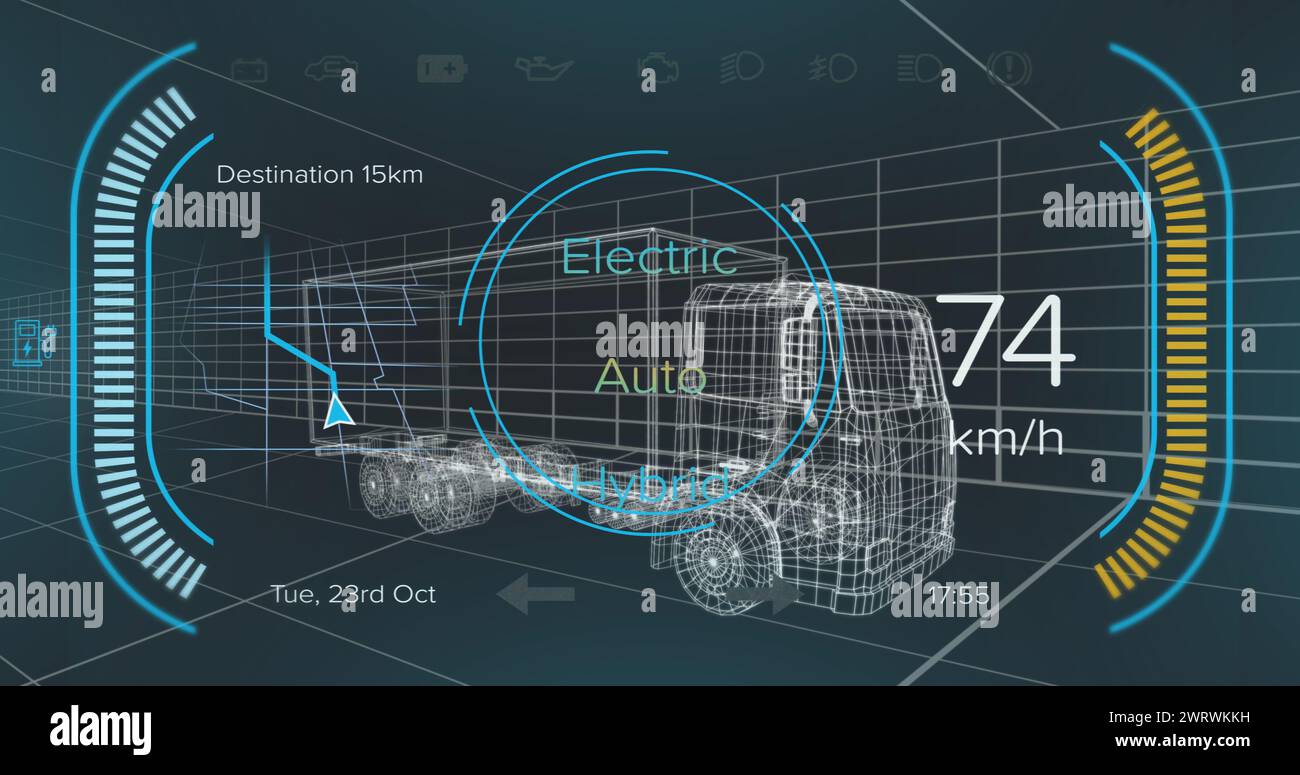 Image of car interface over digital lorry model on black background ...