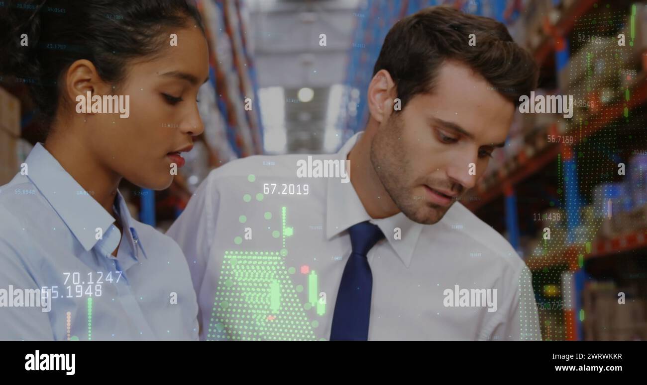 Image of data processing over diverse workers in warehouse Stock Photo ...