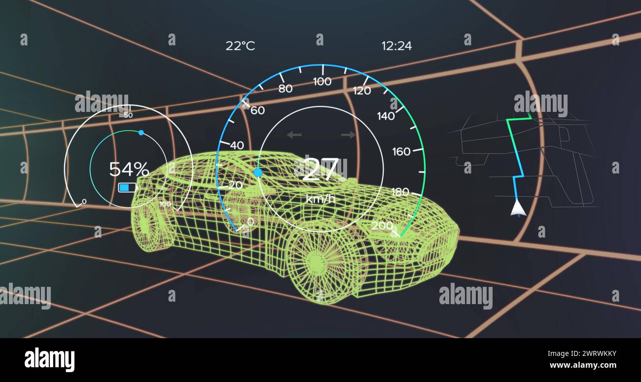 Image of car interface over digital car model on black background Stock ...