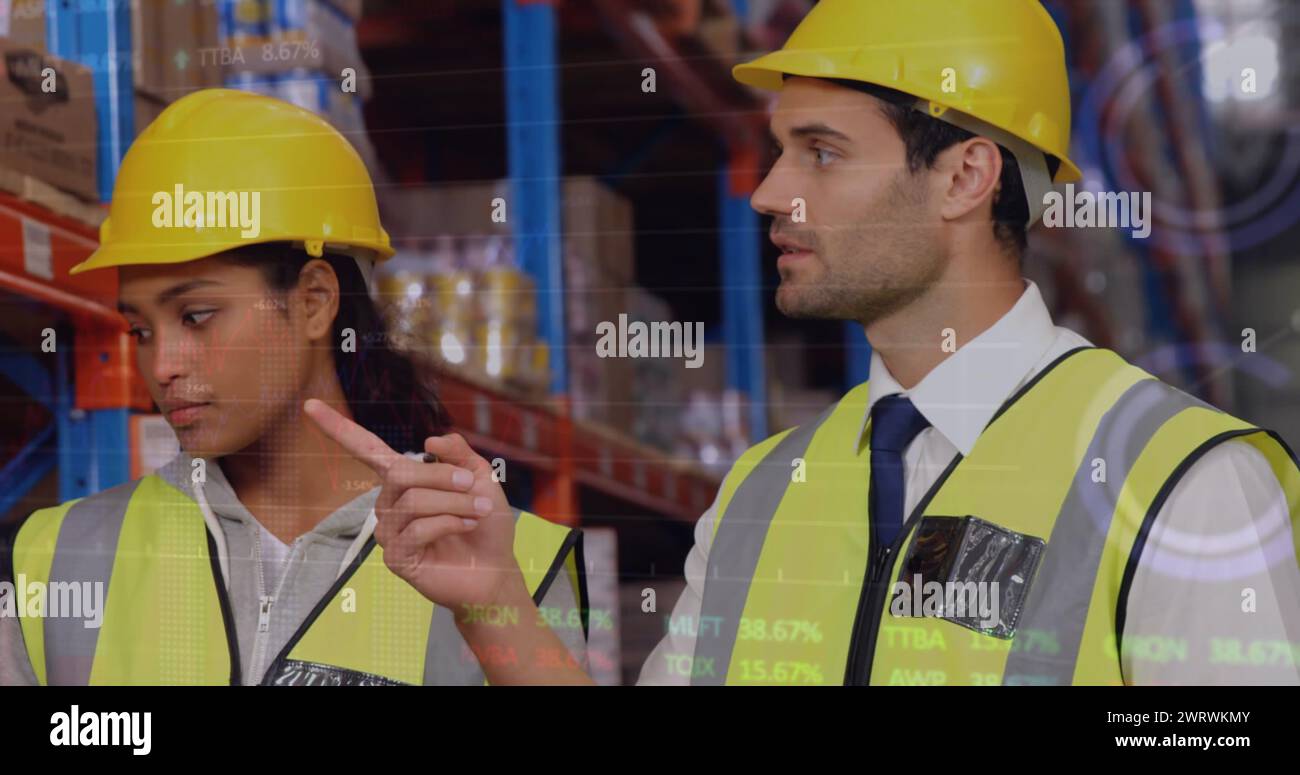 Image of data processing over diverse workers in warehouse Stock Photo ...