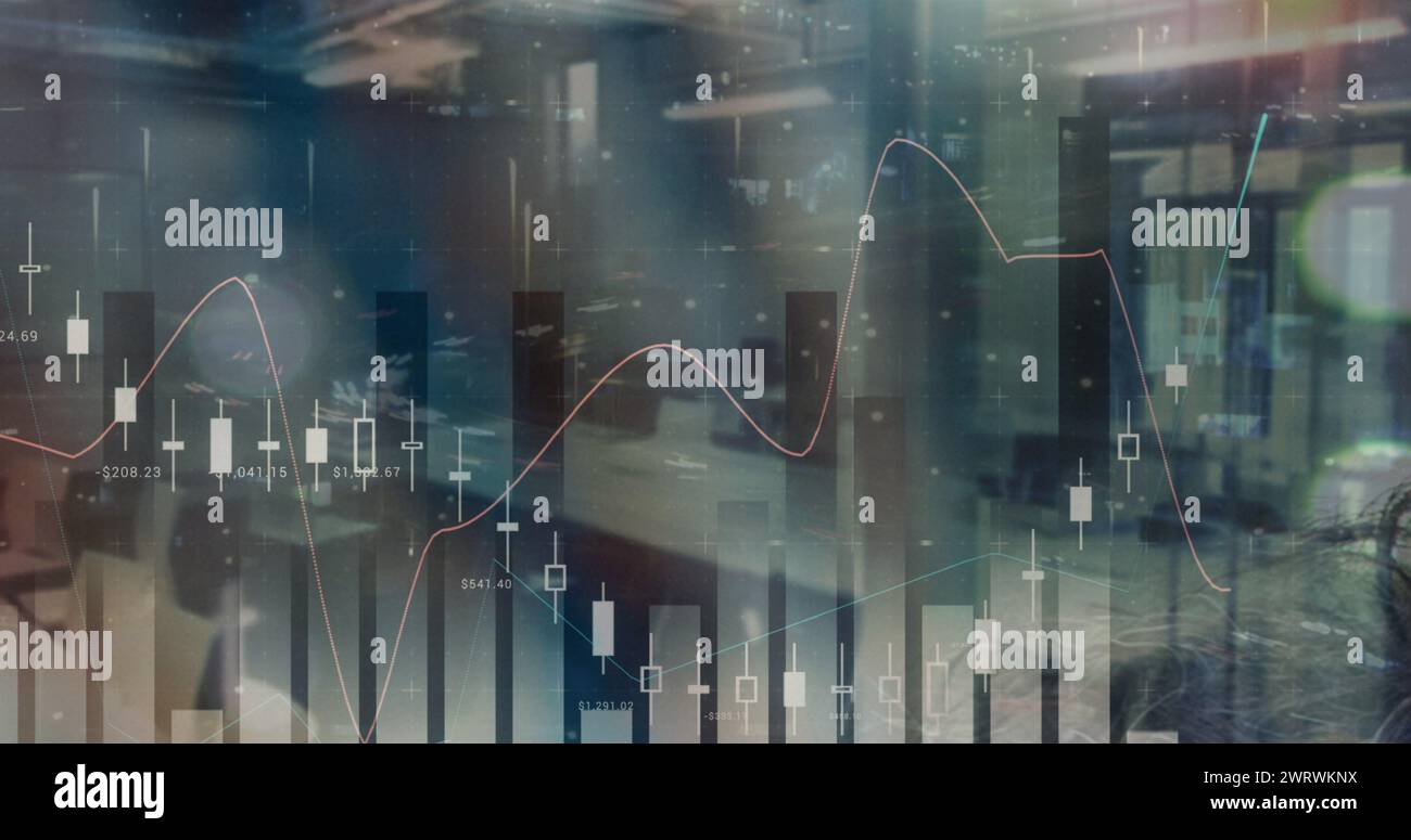 Statistical data processing over empty office against aerial view of city traffic Stock Photo ...