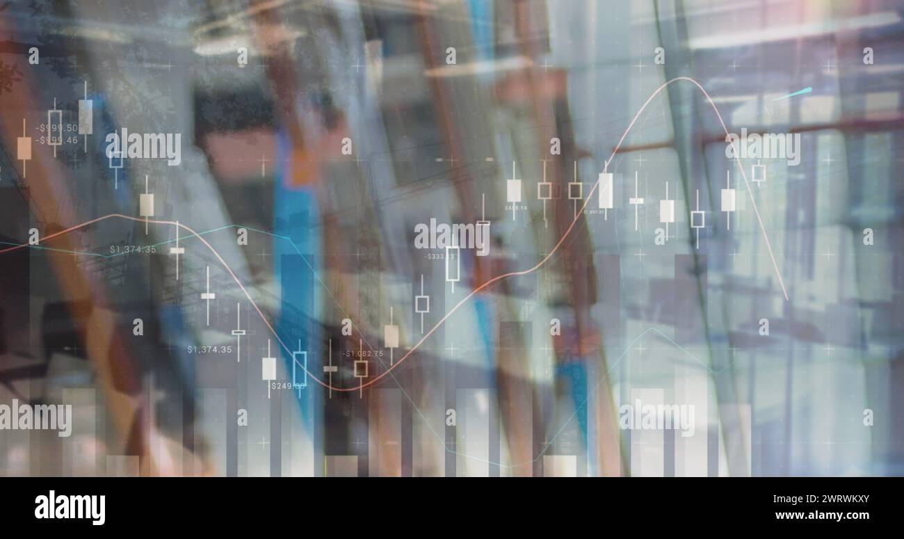 Image of statistical data processing against warehouse in background ...