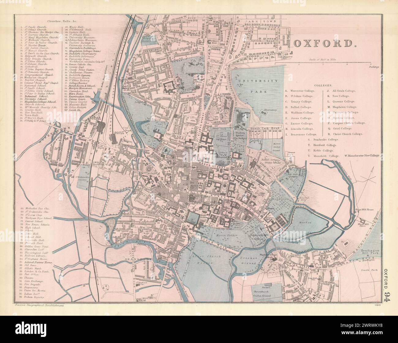 OXFORD antique town city plan by GW BACON University Colleges 1898 old ...