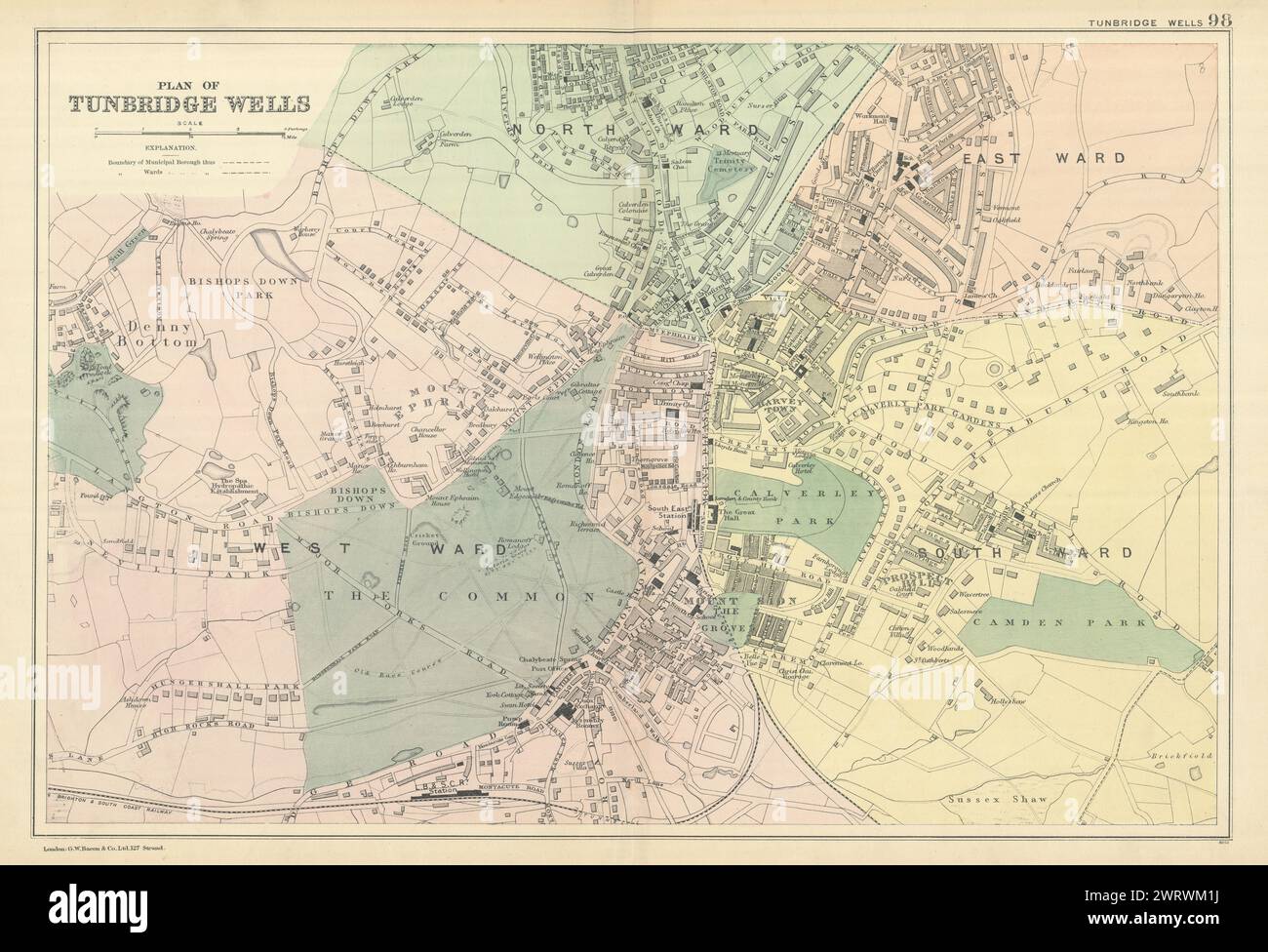 TUNBRIDGE WELLS & Rusthall antique town city plan GW BACON 1898 old map ...