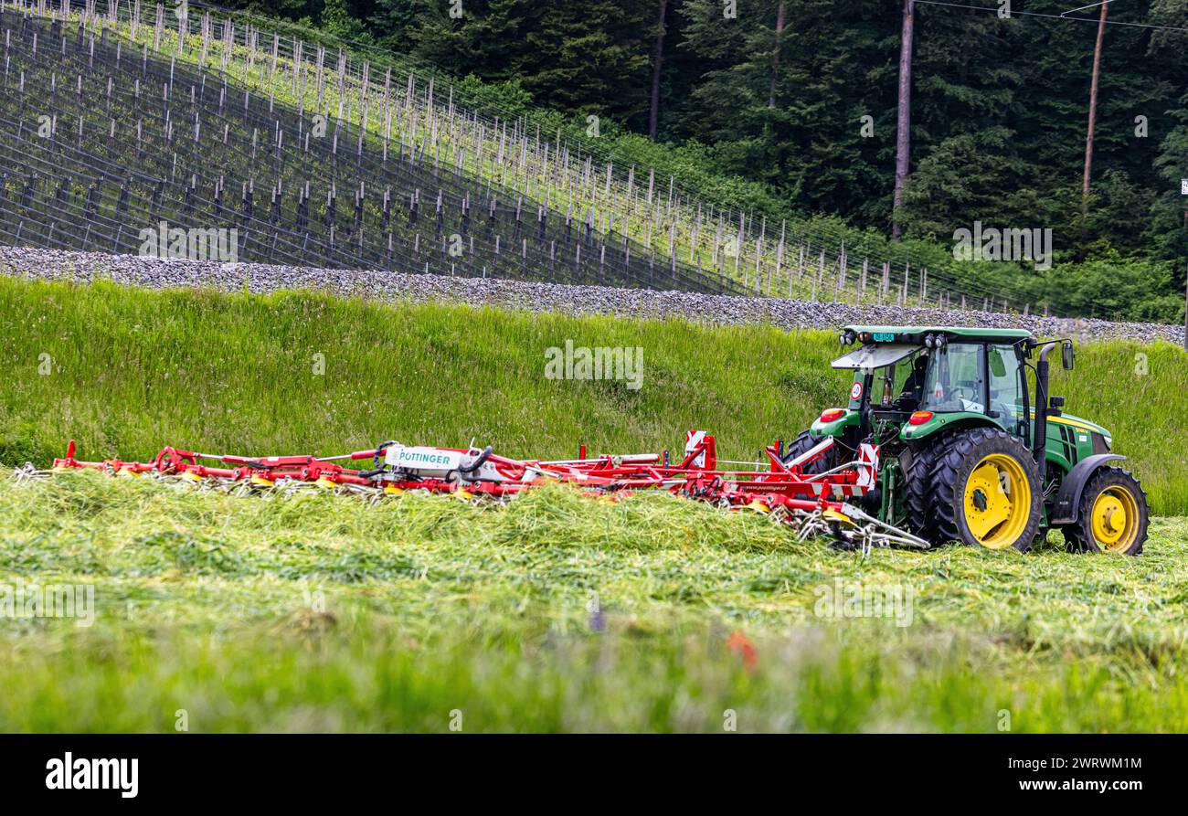Ein Bauer fährt mit seinem Traktor John Deere 5085M auf einer Wiese wo ...