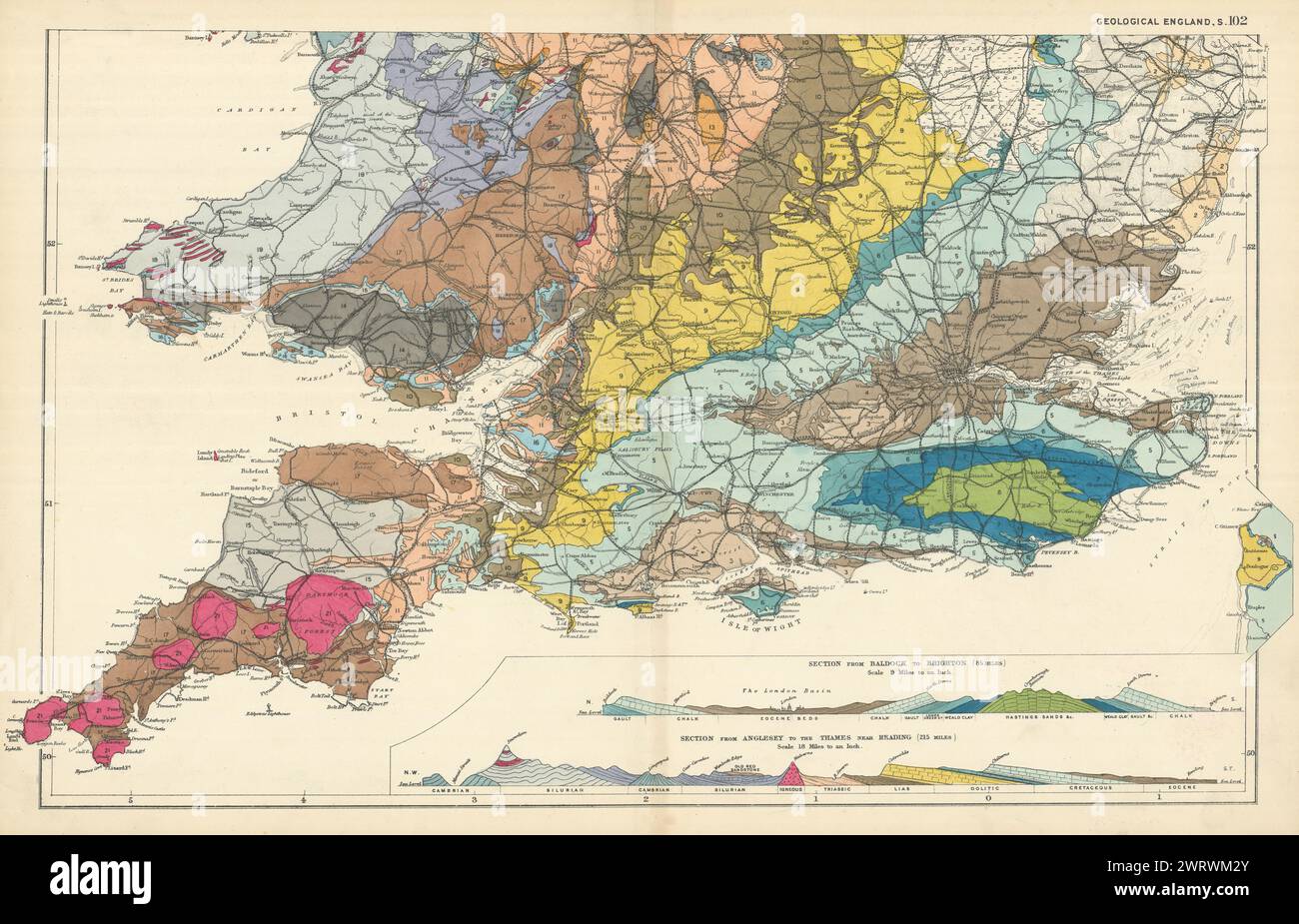 GEOLOGICAL ENGLAND & WALES (South sheet) antique map by GW BACON 1898 ...