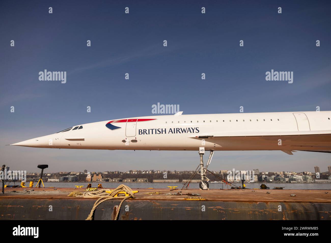 A retired British Airways Concorde supersonic aircraft is docked next ...