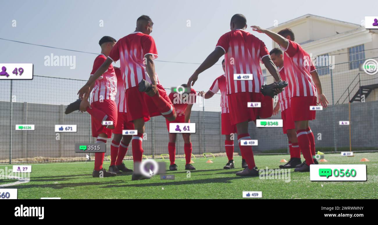 Image of social media icons over team of diverse male soccer players ...