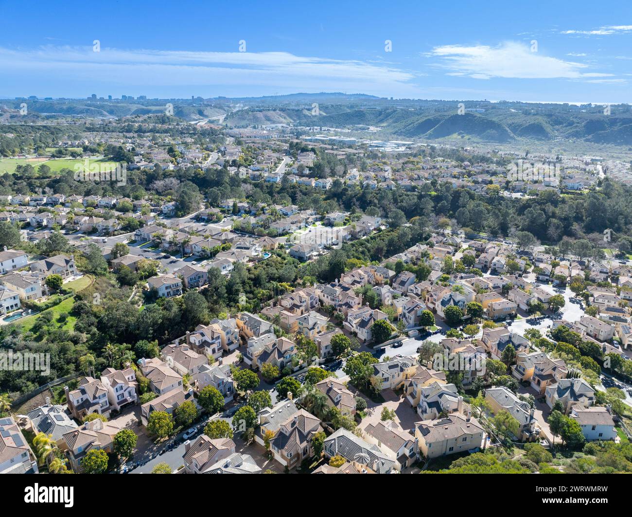 Aerial view of middle class subdivision neighborhood with residential ...