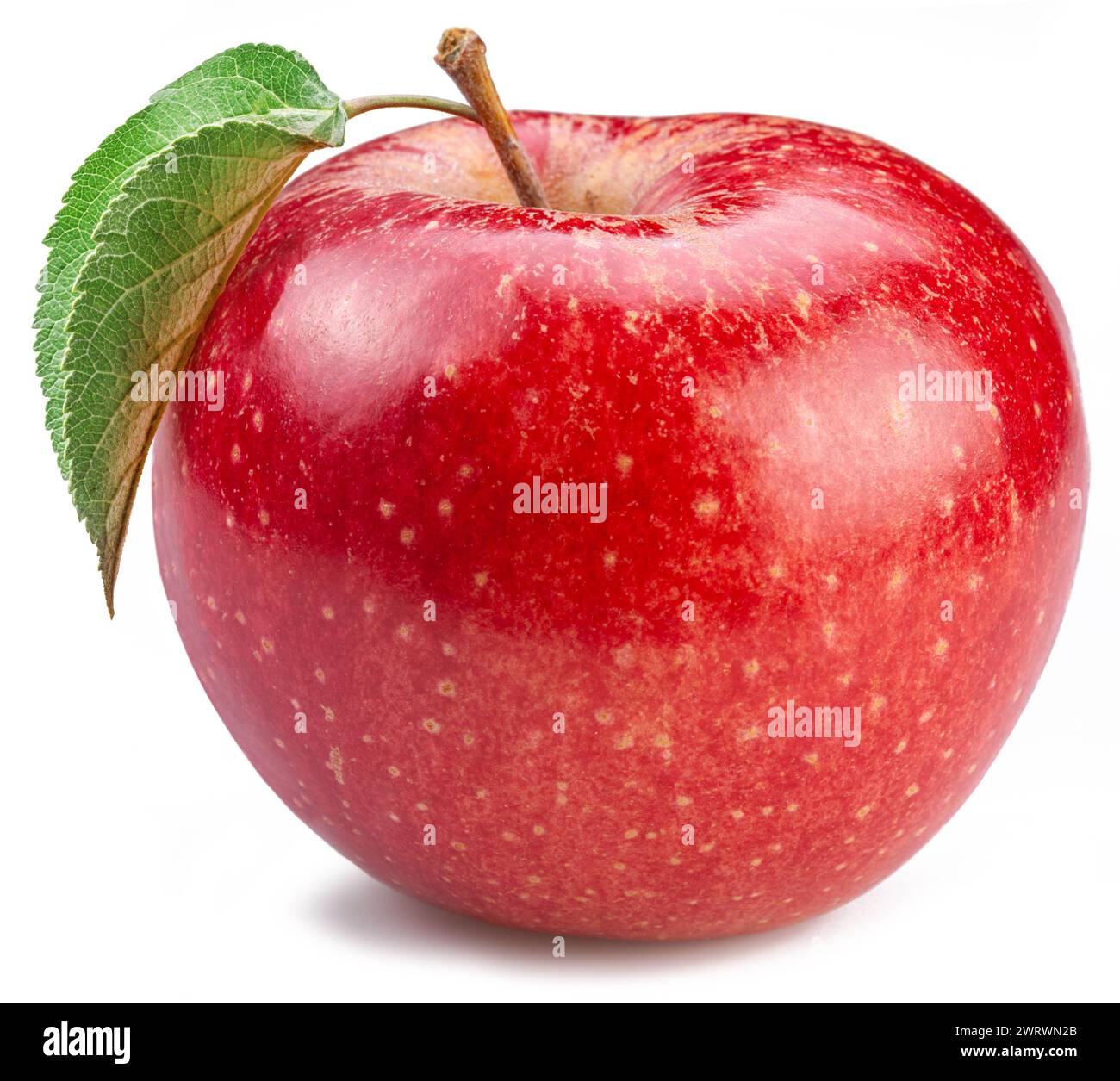 Perfect red apple fruit with green leaf isolated on white background ...