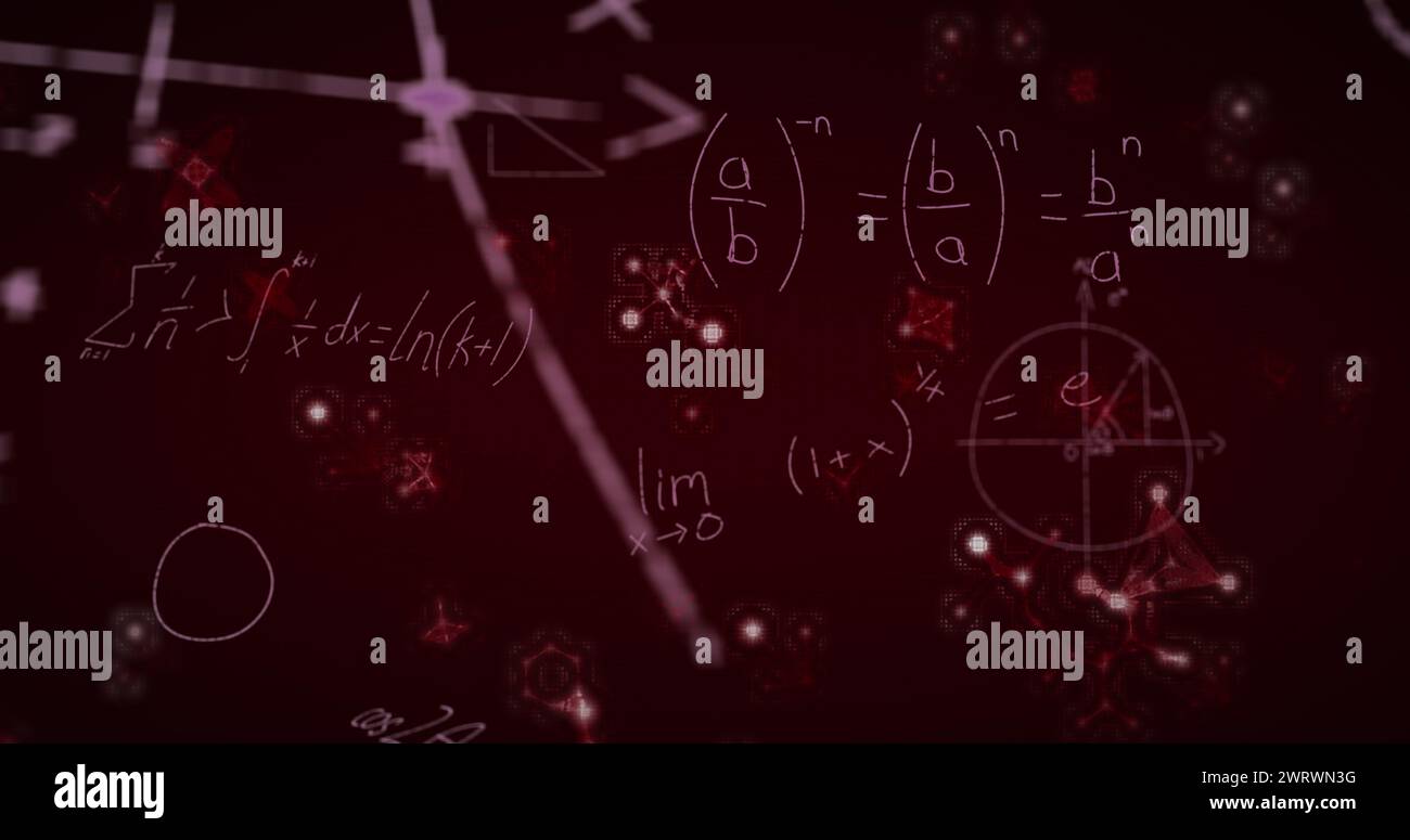 Image of graphs and mathematical formulae floating on red chalkboard ...