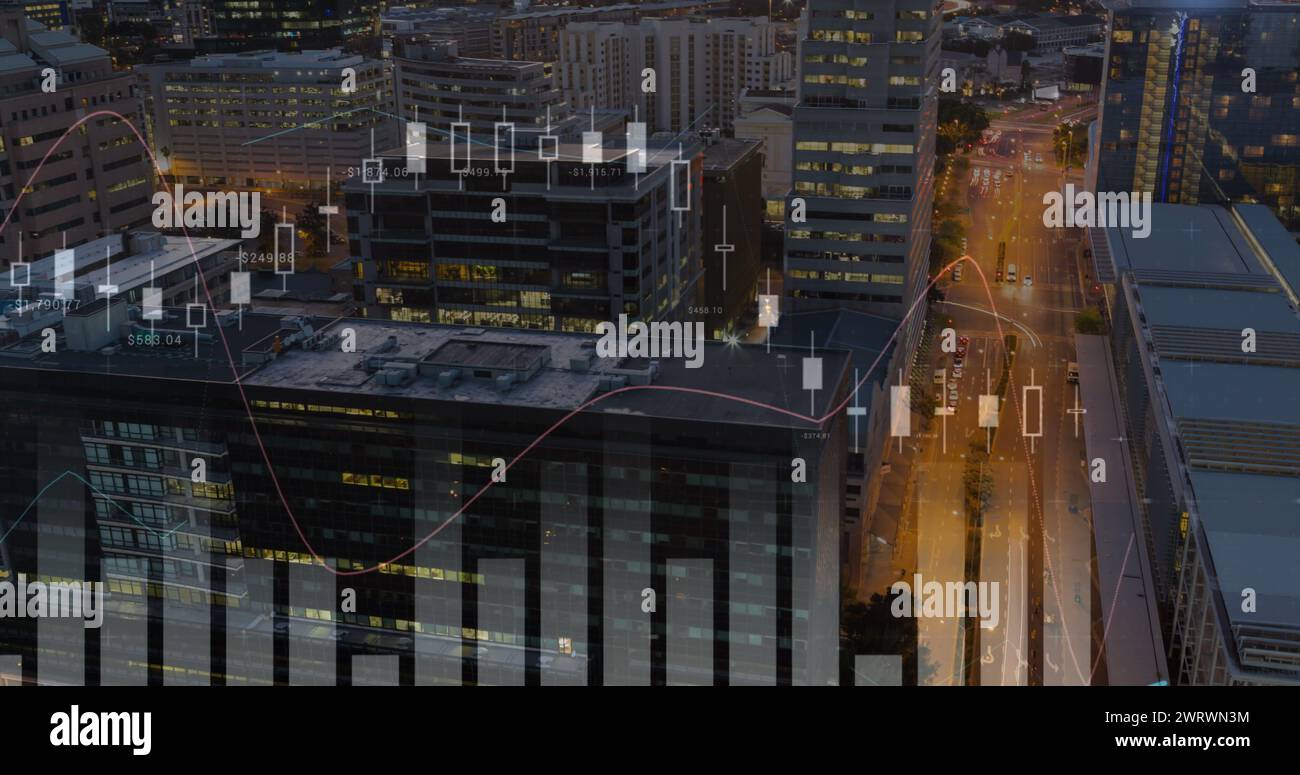 Digitally generated image of graphs moving in the screen with ...