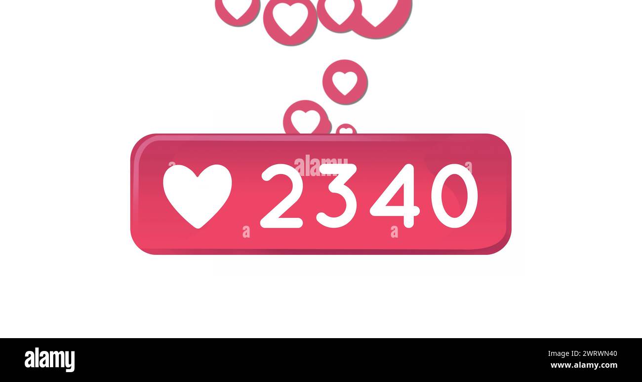 Digital image of heart icon with increasing numbers and hearts moving ...