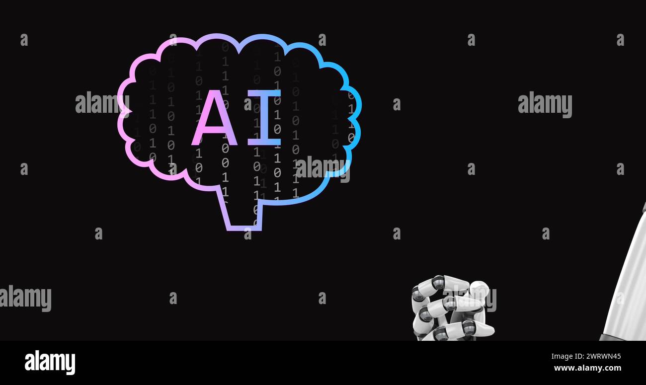 Image of ai data processing over robot's arm and dark background Stock ...
