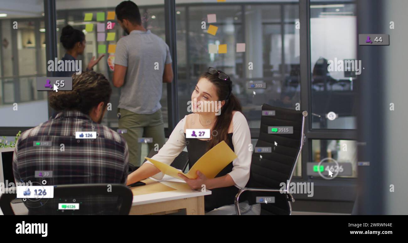 Image of multiple notification bars over diverse coworkers sharing ...