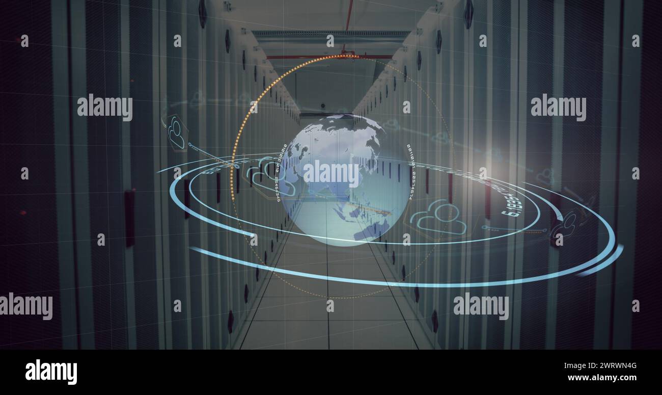 Digital image of digital rings circling a globe in a hallway of server ...