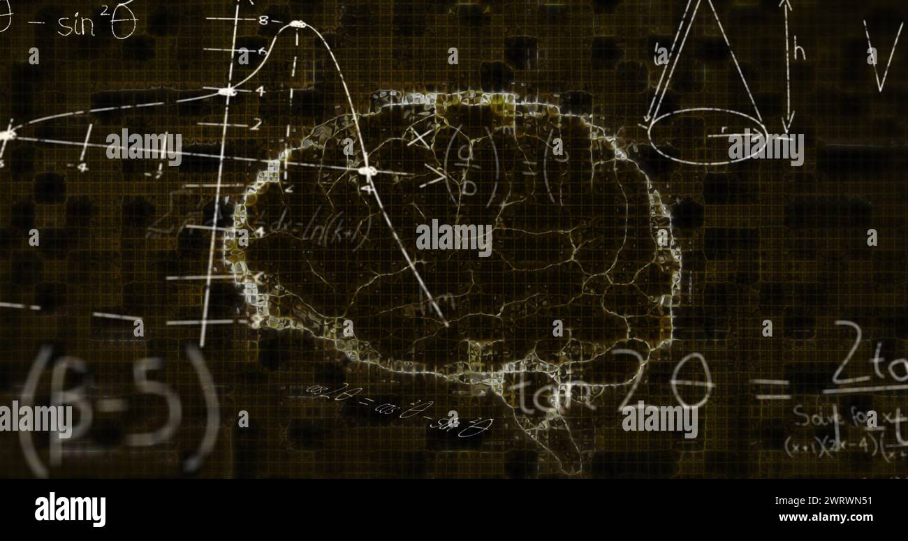 Image of a digital brain icon and mathematical formulae floating on ...