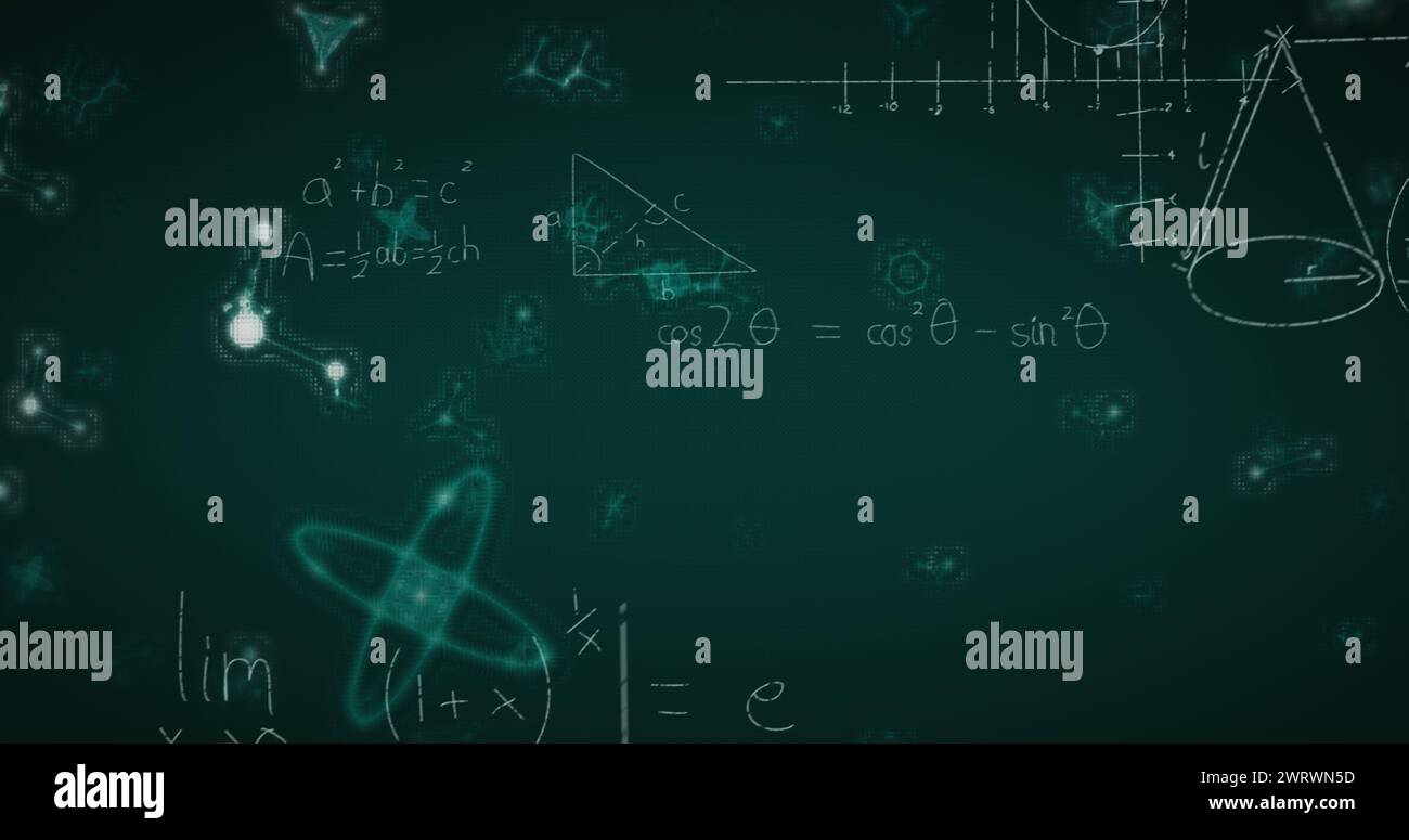 Image of chemical graphs and mathematical formulae floating on green ...