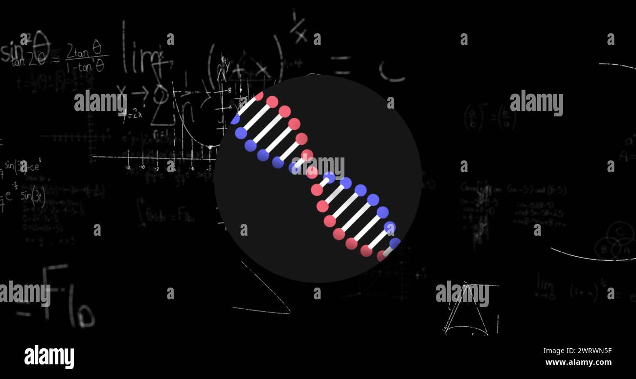 Image of mathematical formulae and DNA strain floating on black ...
