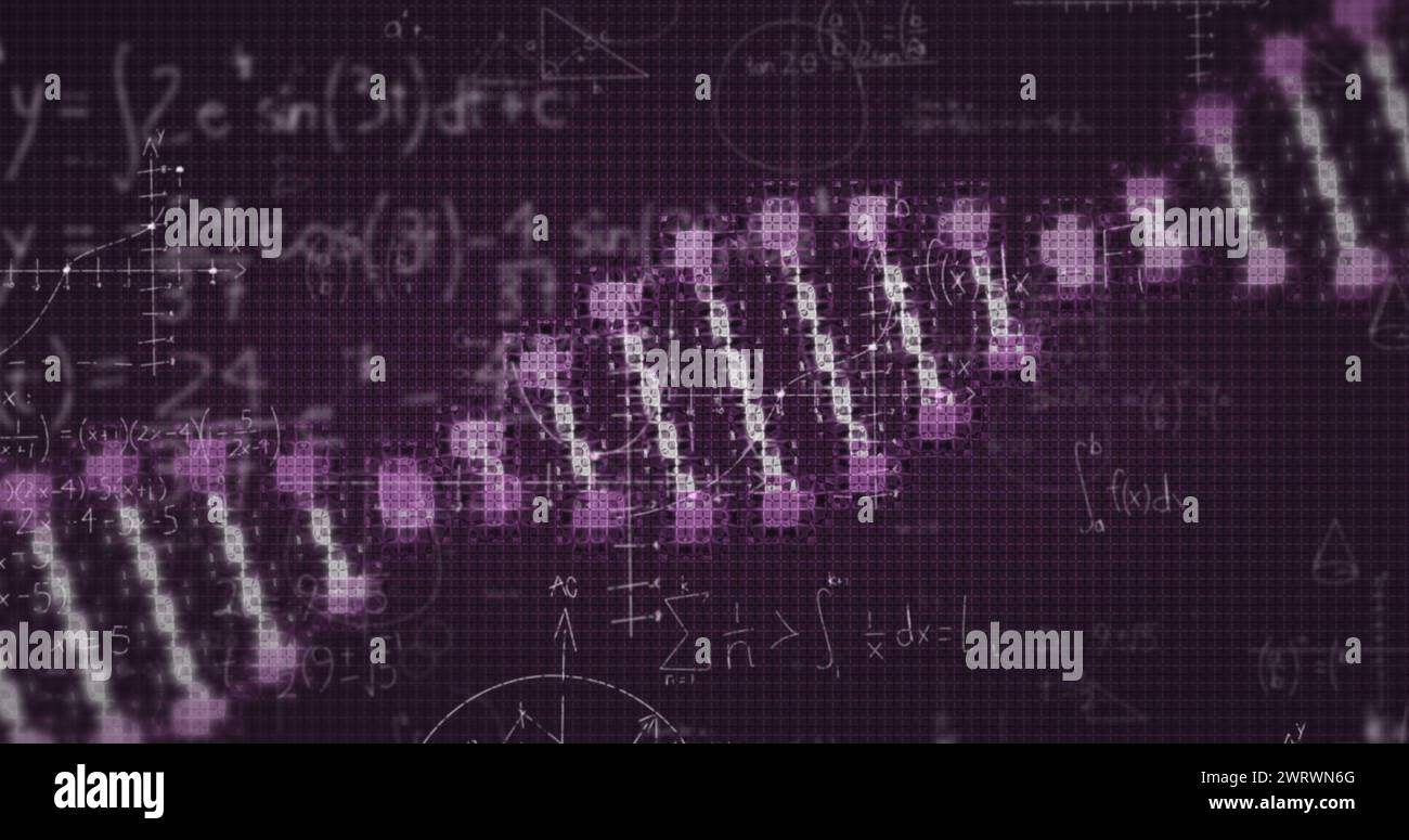 Image of mathematical formulae and DNA strain floating on purple ...