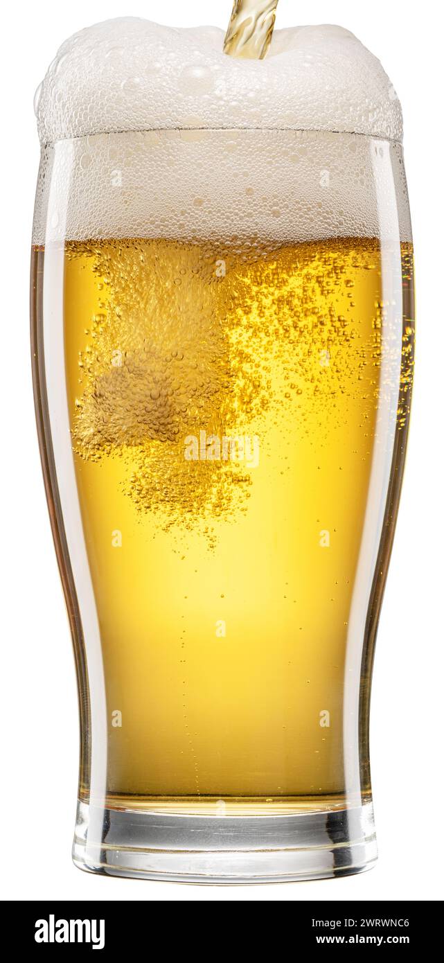 Pouring beer into the beer glass, white foam and gas bubbles inside the ...