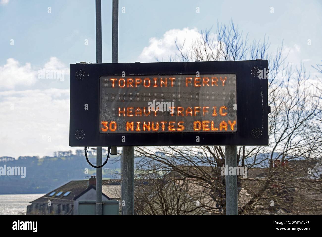Digital sign at Torpoint warning drivers of a delay in the ferry ...