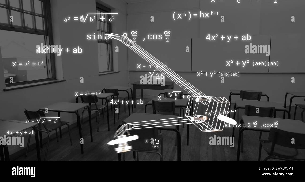 Image of compass icon and mathematical equations over empty classroom ...