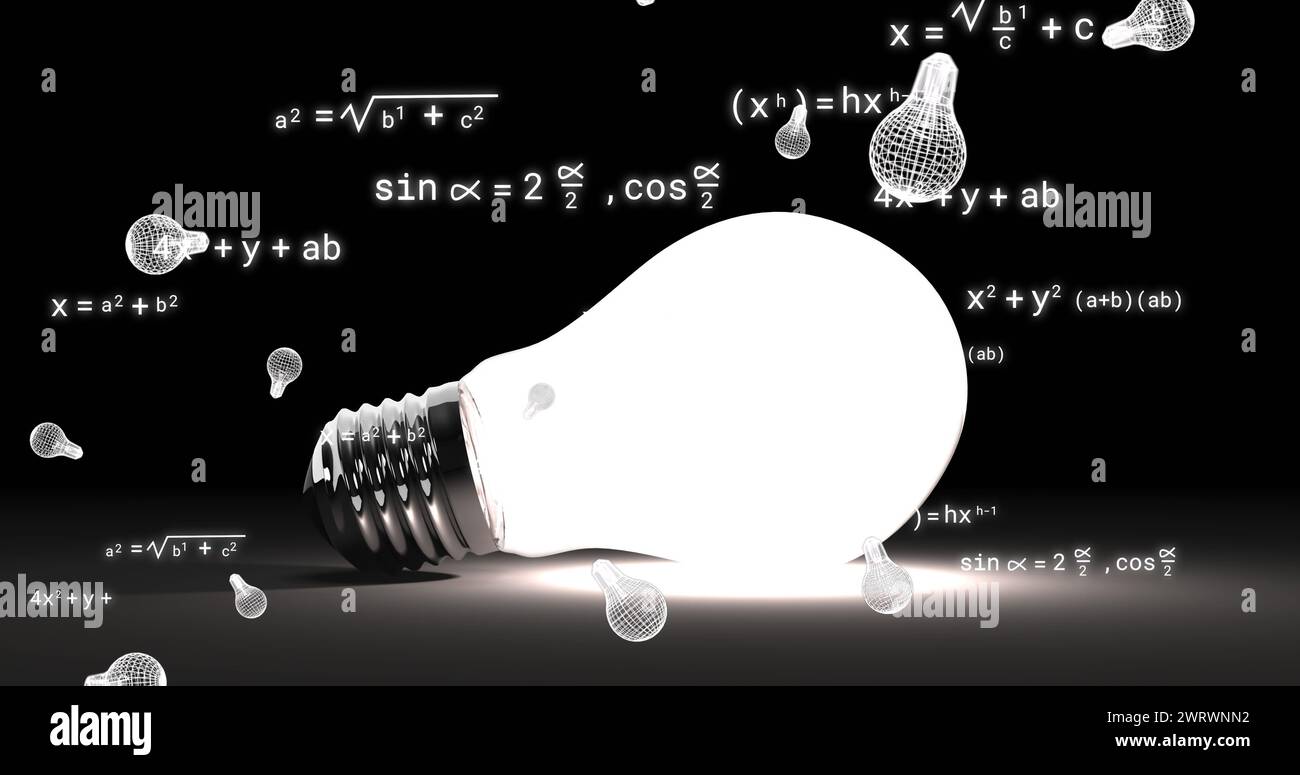 Image of light bulb icons and mathematical equations over light bulb on ...