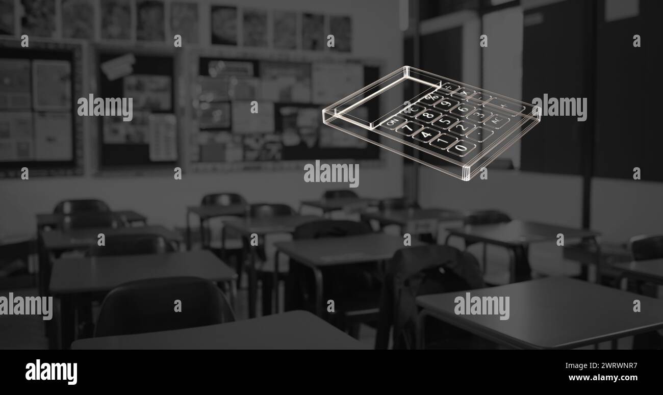 Image of school icons over empty classroom. Education, learning ...