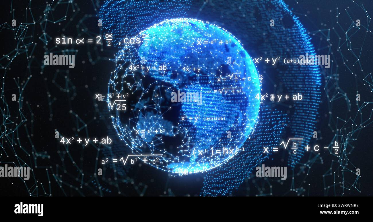 Image of mathematical equations over globe and network of connections on black background Stock ...