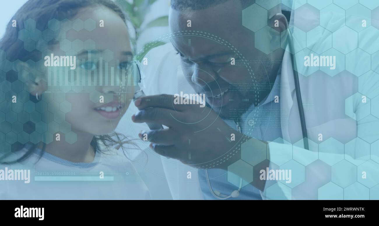Image of medical data processing over african american male doctor with ...