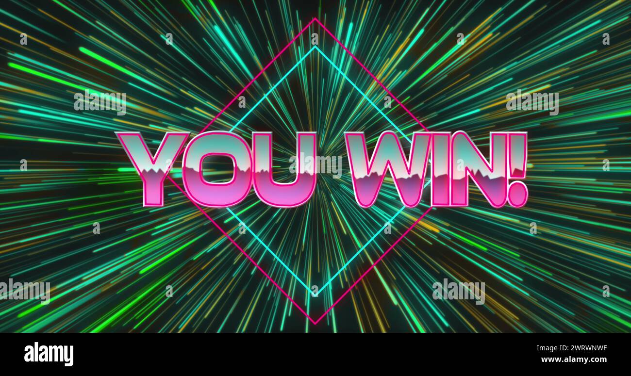 Image of you win text banner over green light trails in seamless ...