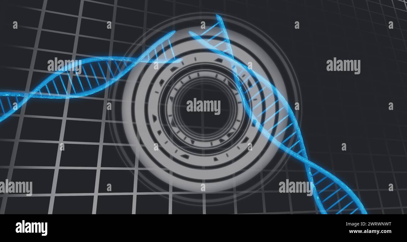 Image of processing circle over dna and checked black background Stock ...