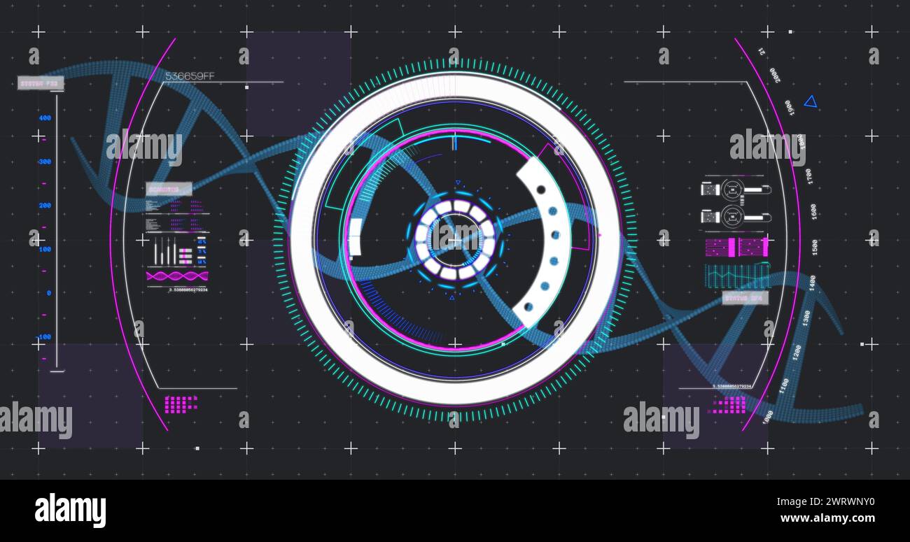 Image of scope scanning data processing and dna strands spinning Stock ...