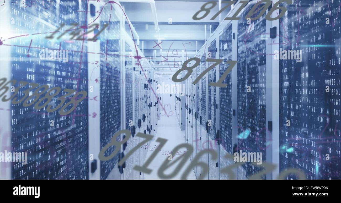 Image of mathematical equations and data processing over server room Stock Photo - Alamy