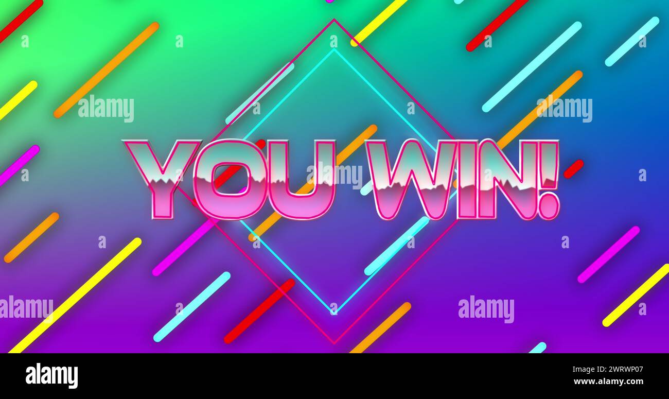 Image of you win text banner against light trails in seamless pattern ...