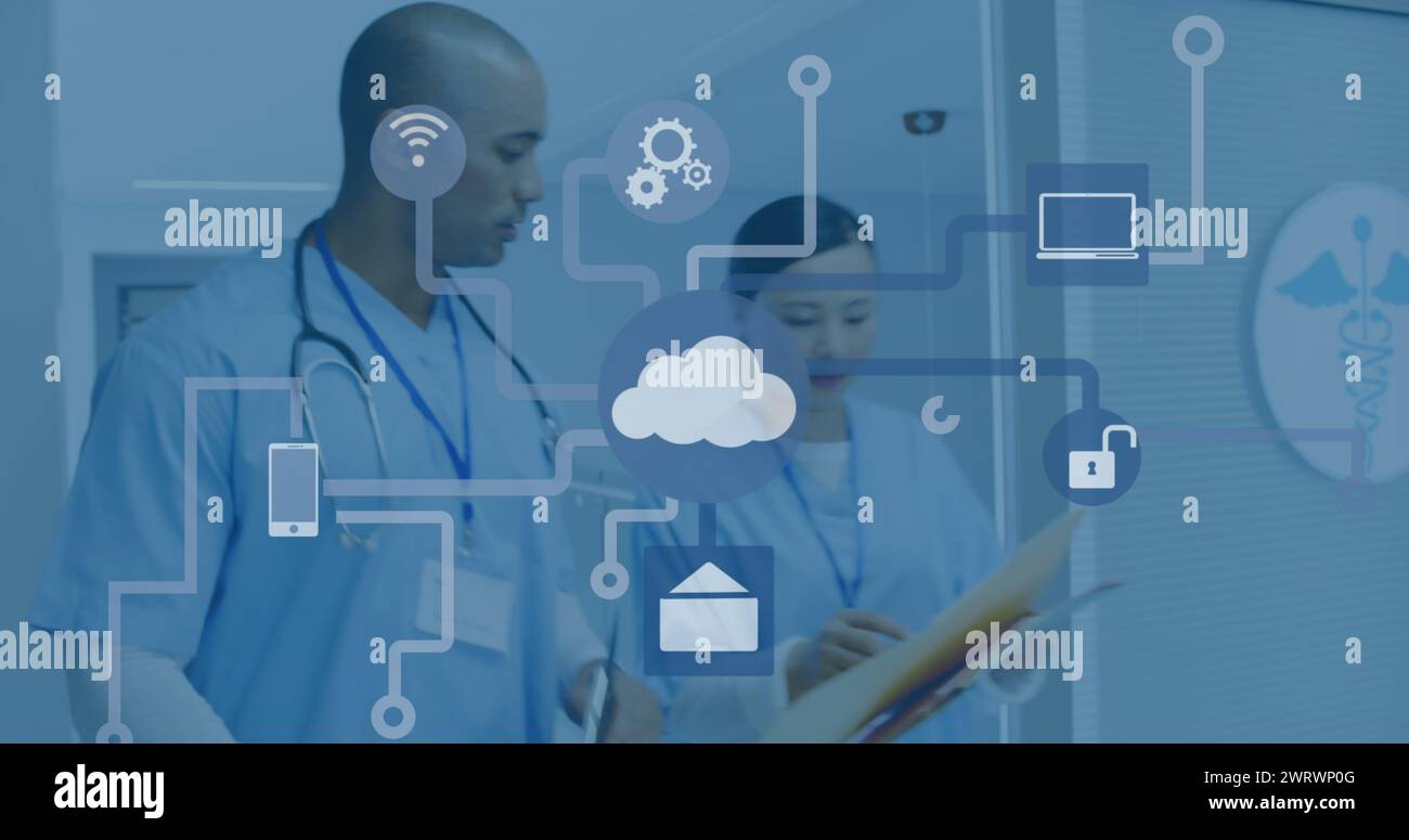 Image of network of connections with icons over diverse doctors at ...