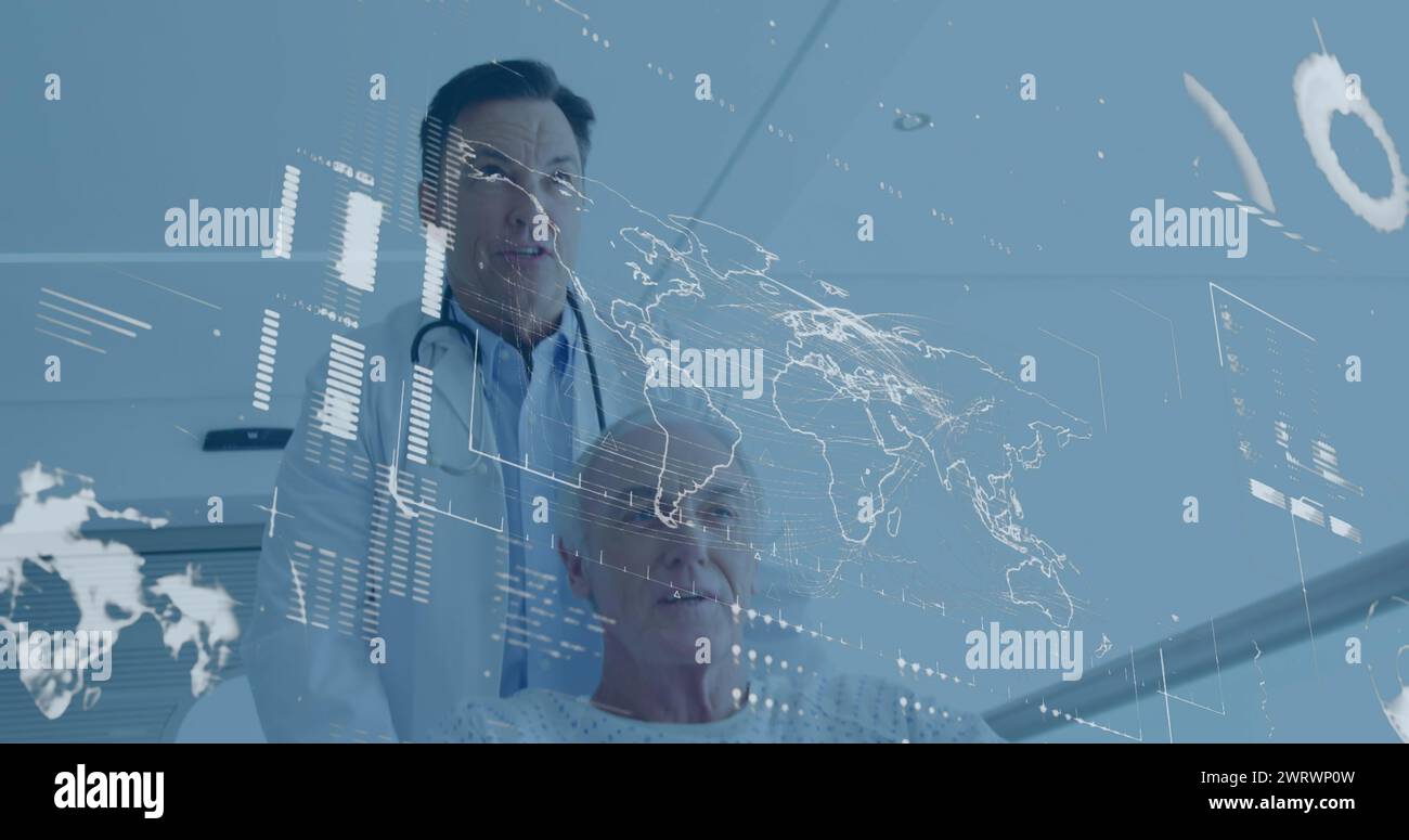 Image of data processing with world map over diverse doctor and patient ...