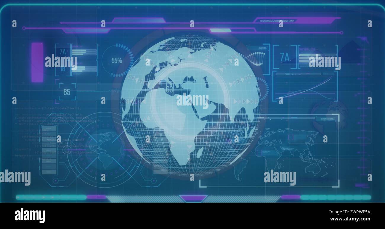 Image of infographic data processing with globe rotating on digital interface Stock Photo - Alamy