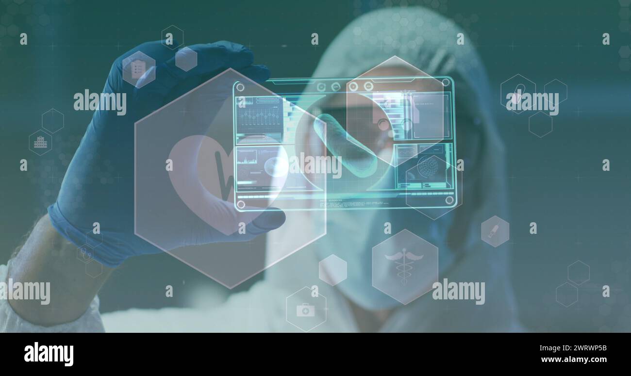 Image of medical icons over caucasian male doctor wearing face mask ...