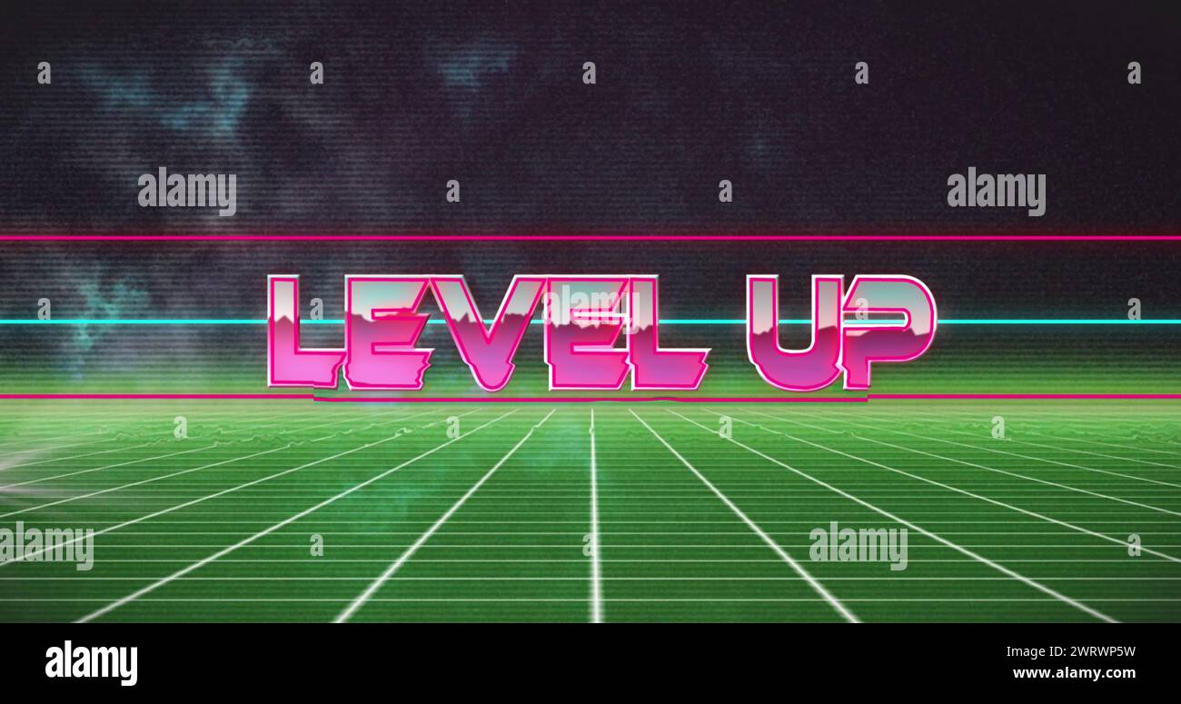 Image of level up text over white lines on black background Stock Photo ...