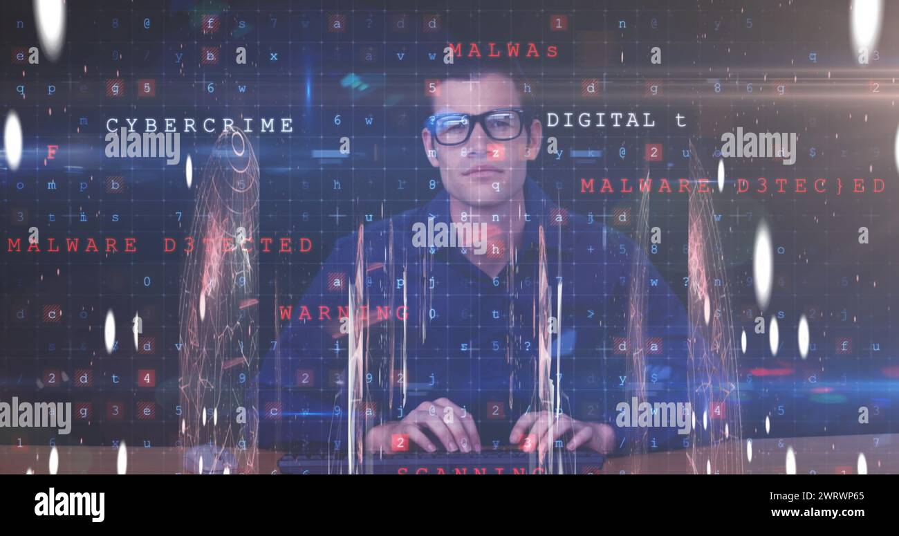 Caucasian male hacker uses laptop amidst floating shapes and data ...