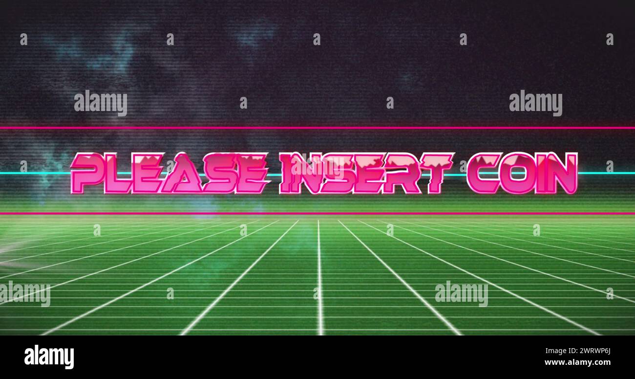 Image of please insert coin text with glitch technique over moving grid ...