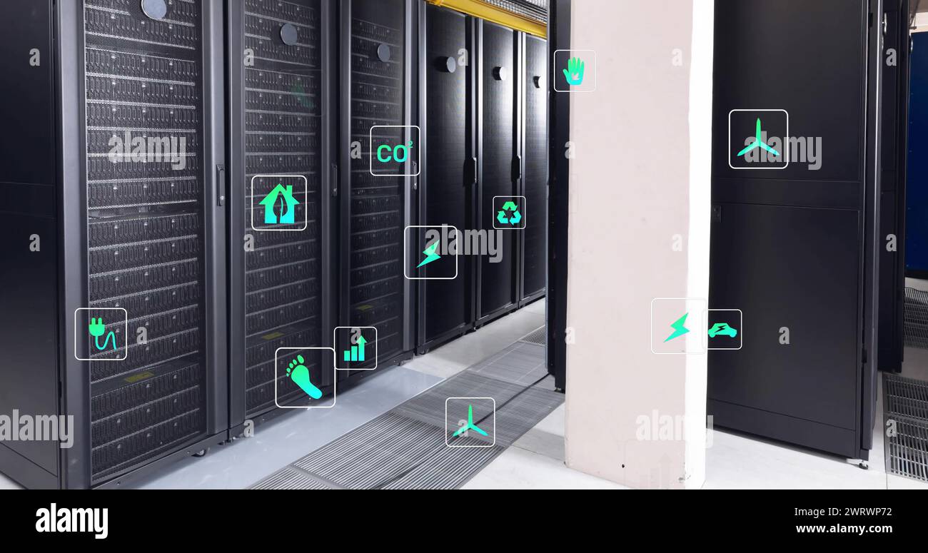 Image of eco icons and data processing over computer servers Stock ...