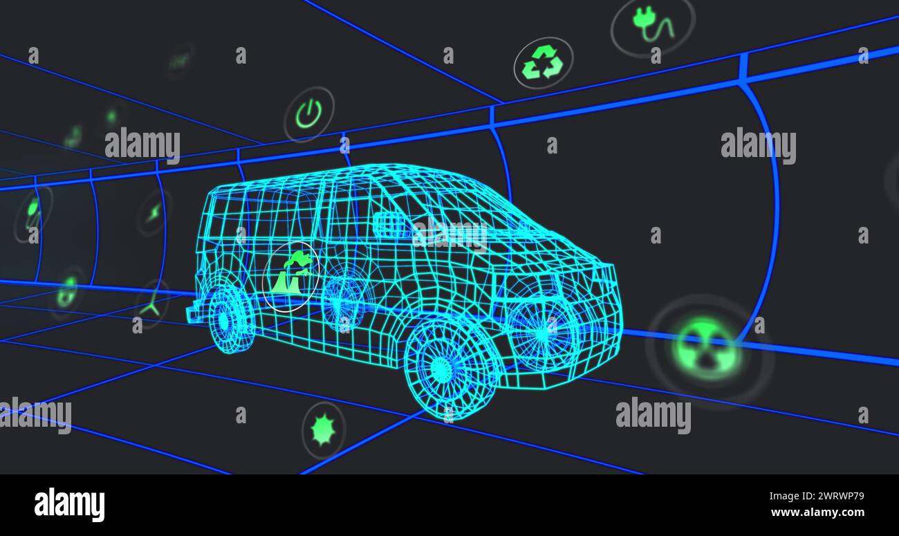 Image of multiple digital icons over 3d van model moving in seamless ...