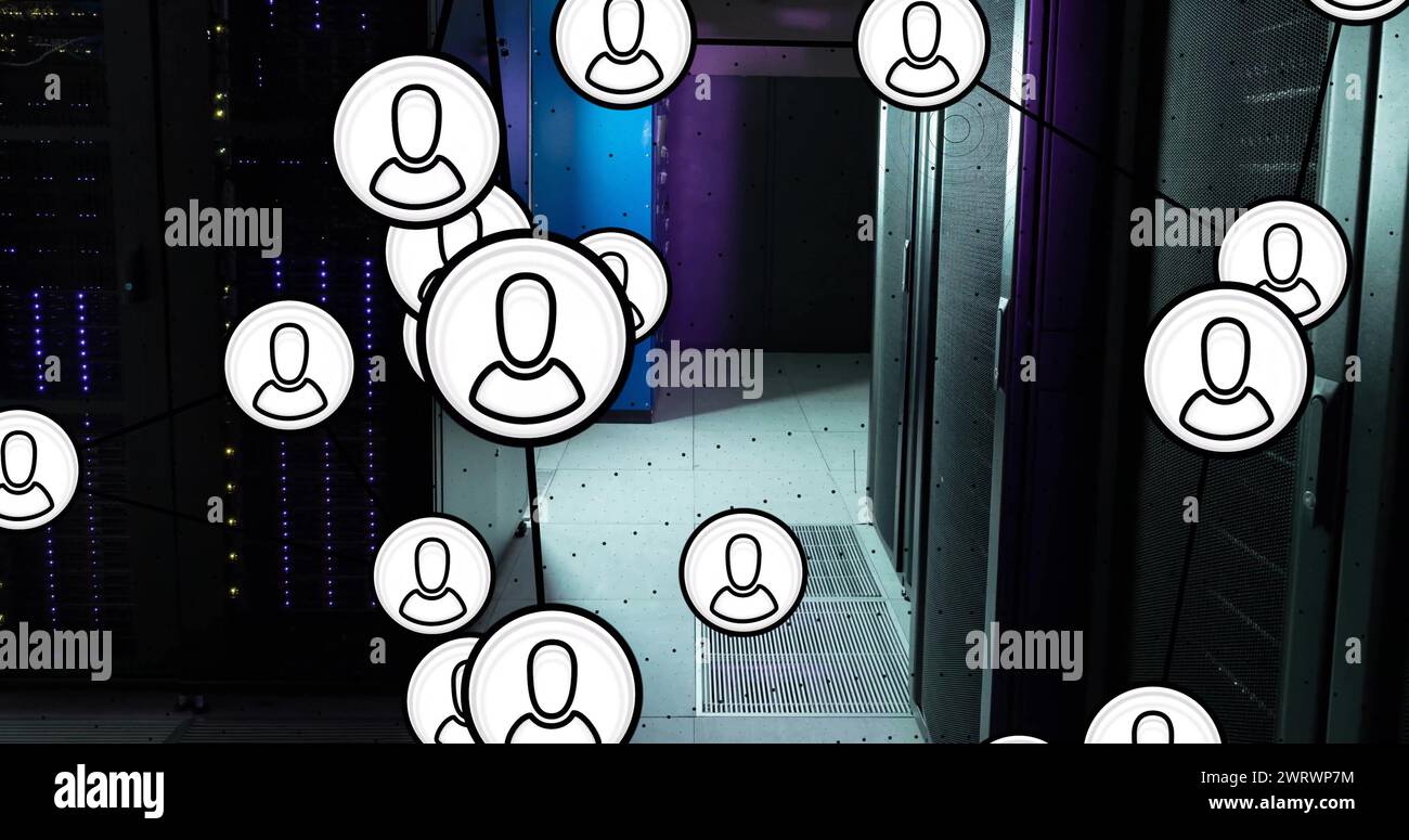 Image of digital people icons and data processing over computer servers Stock Photo - Alamy